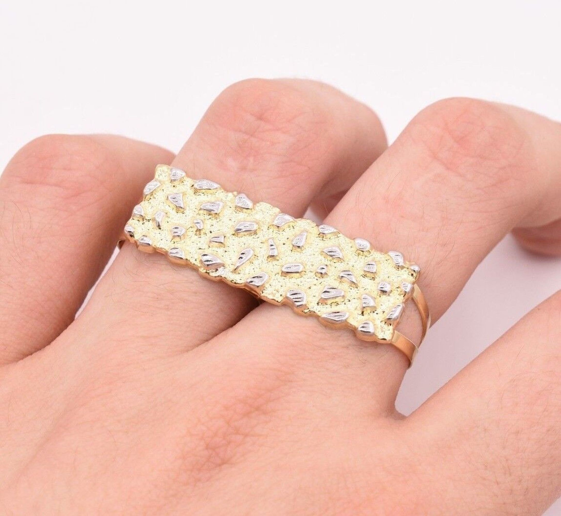Solid Gold Long Nugget Ring, Two Finger Long Nugget Ring, Chunky ...