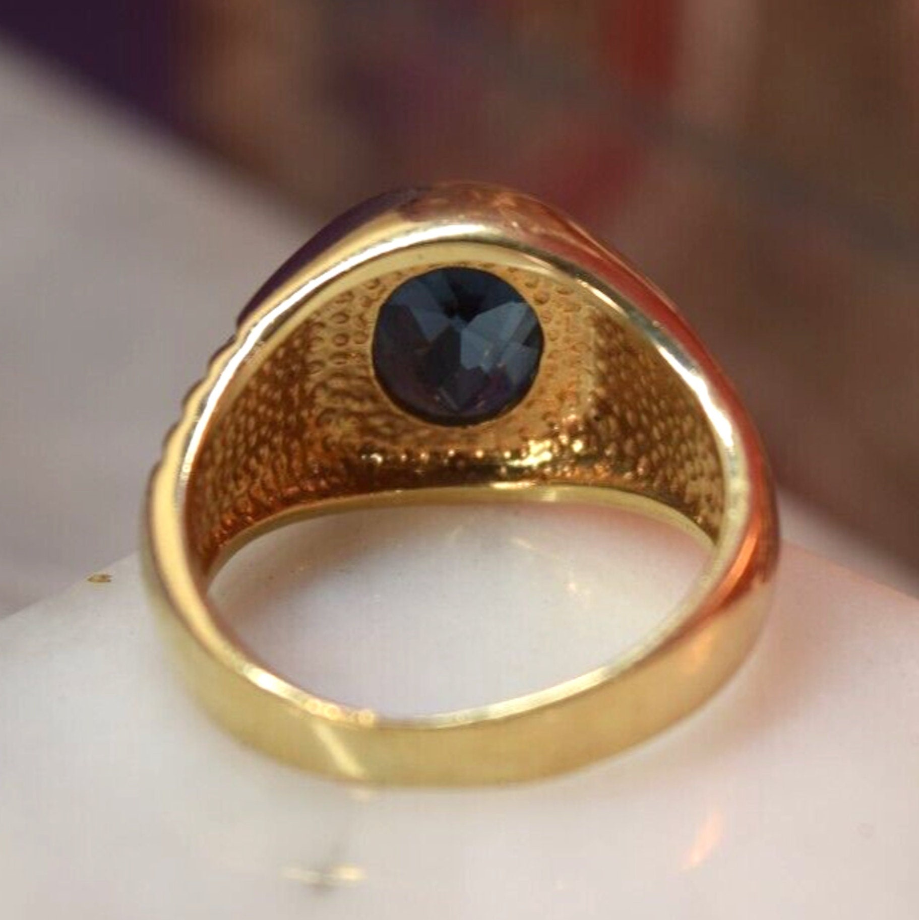 6ct Checkerboard Cut Blue Topaz Ring, Grooved Men's Signet Ring ...