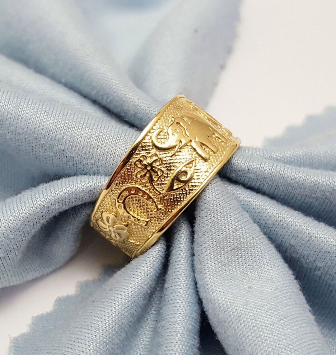Solid Gold Embossed Lucky Charm Ring, Elephant Owl Horseshoe Evil Eye ...