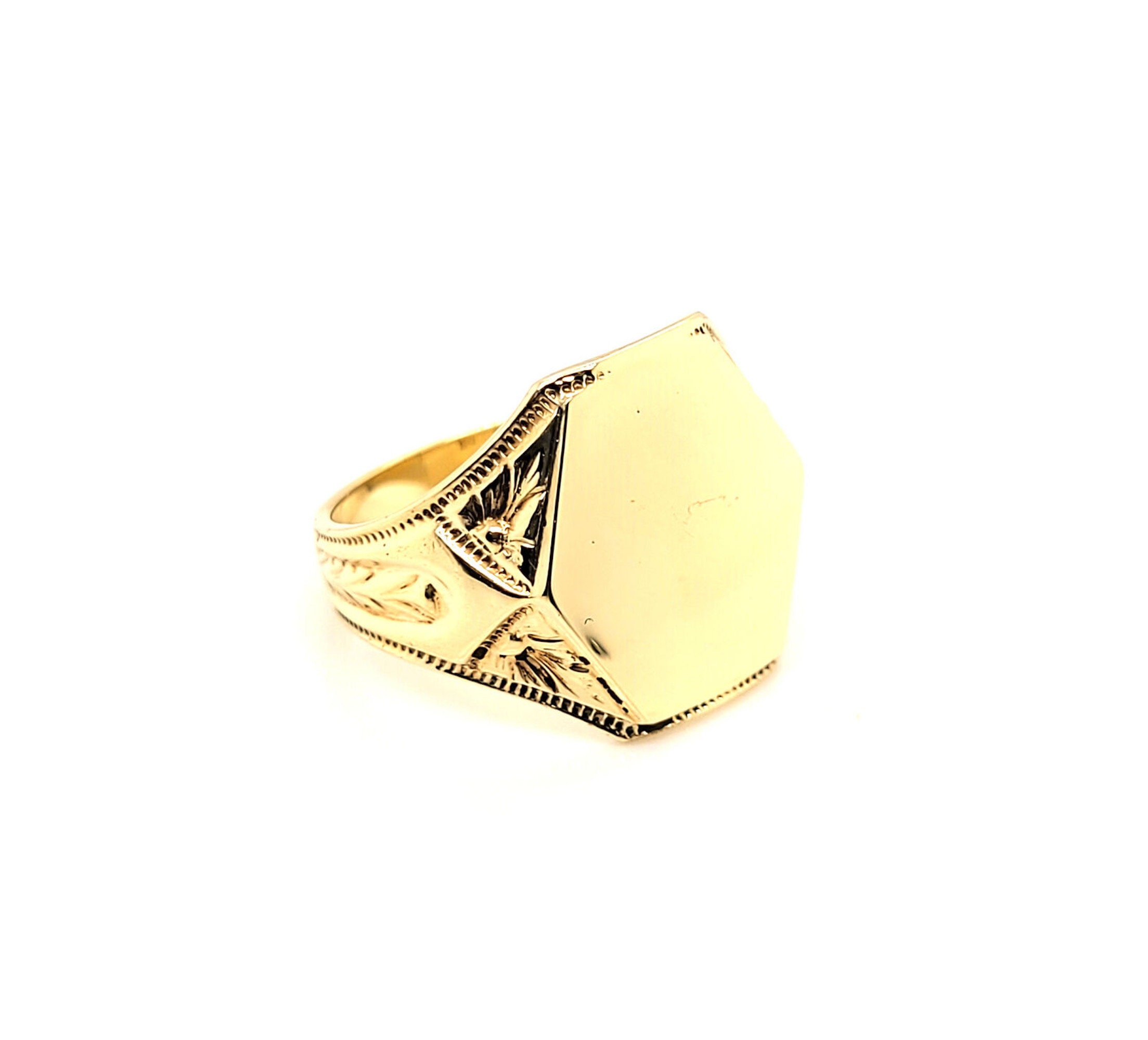 Solid Gold Engraved Signet Ring, Personalized Flat Top Signet Ring ...