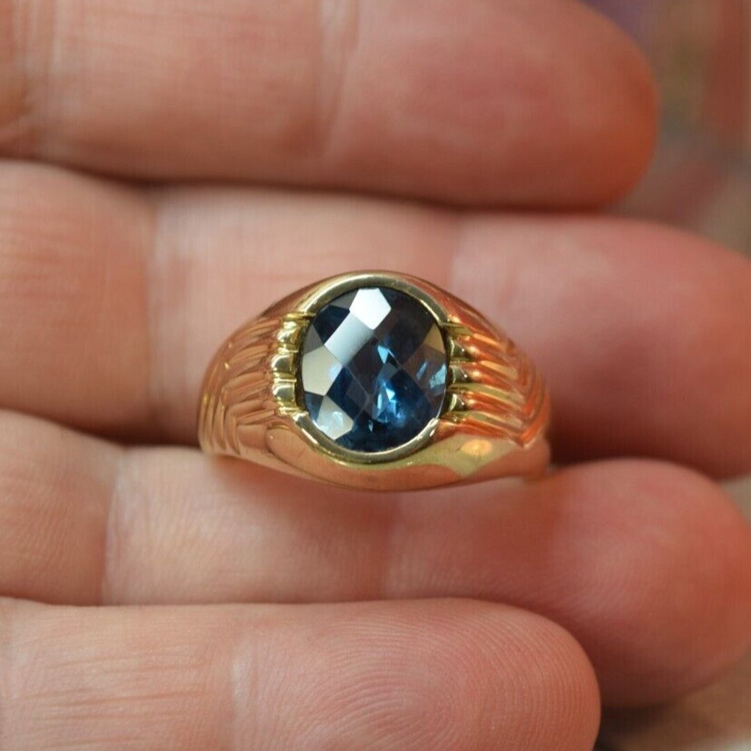6ct Checkerboard Cut Blue Topaz Ring, Grooved Men's Signet Ring ...