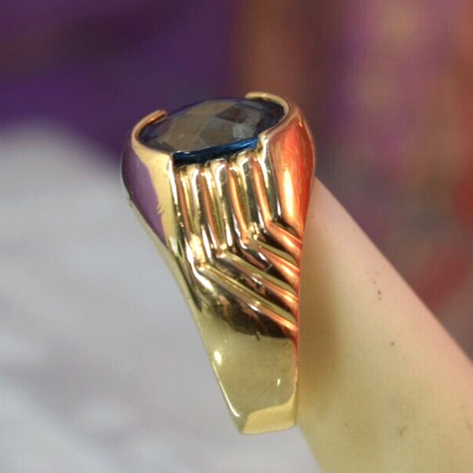 6ct Checkerboard Cut Blue Topaz Ring, Grooved Men's Signet Ring ...