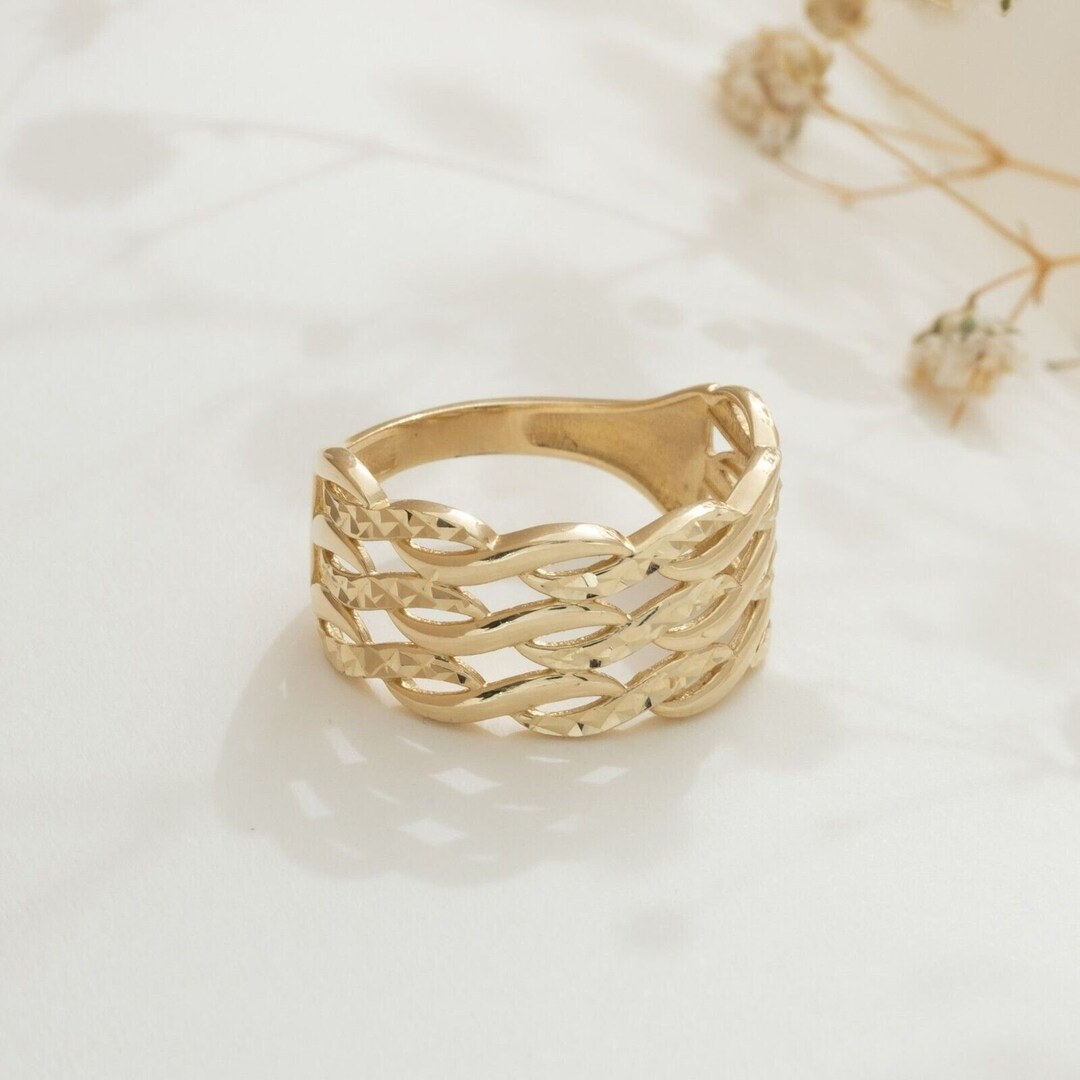 Solid Gold Faceted Curvy Ring, Diamond Cut Illusion Design Ring, 10k 14k 18k Gold Ring, Free ...