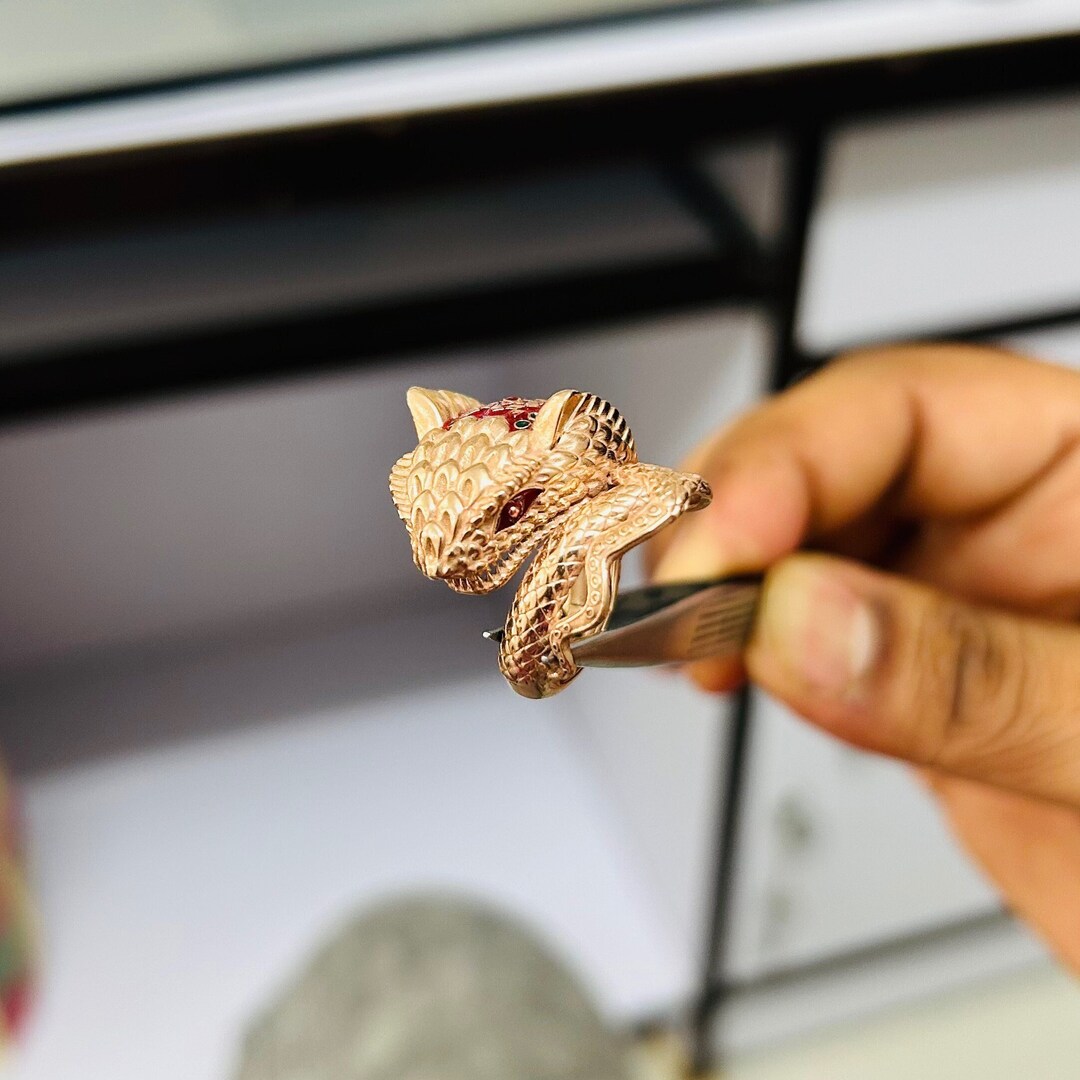 Solid Gold Snake Wrap Ring, Enamel Cobra Ring, Serpent Ring, Adjustable Ophidian Ring, Open 10k ...