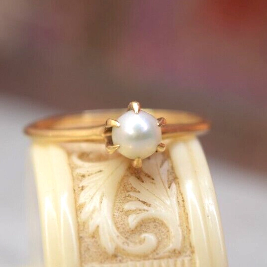 Solid Gold Claw Set Pearl Ring, Dainty Natural White Pearl Ring ...