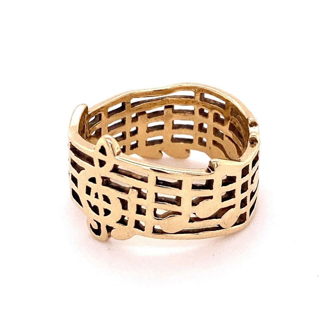 Solid Gold Musical Notes Ring, Personalized Wide Band Ring, Treble Clef ...