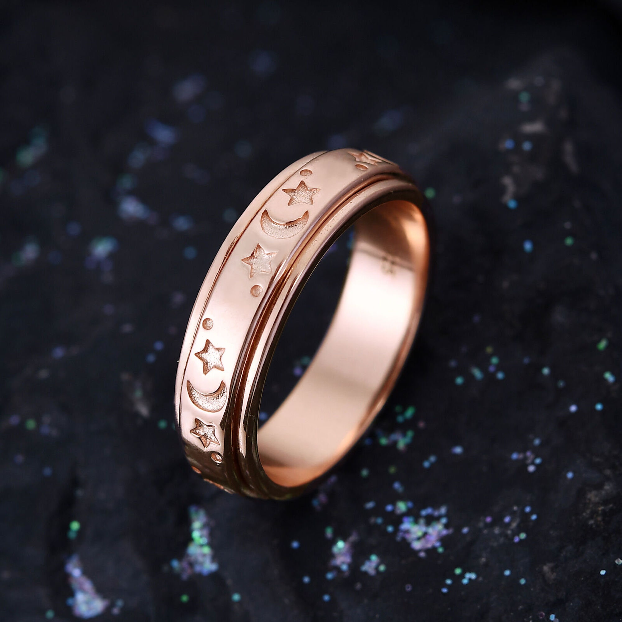 Solid Gold Star Moon Spinner Ring, Personalizable Fidget Ring, Anxiety ...