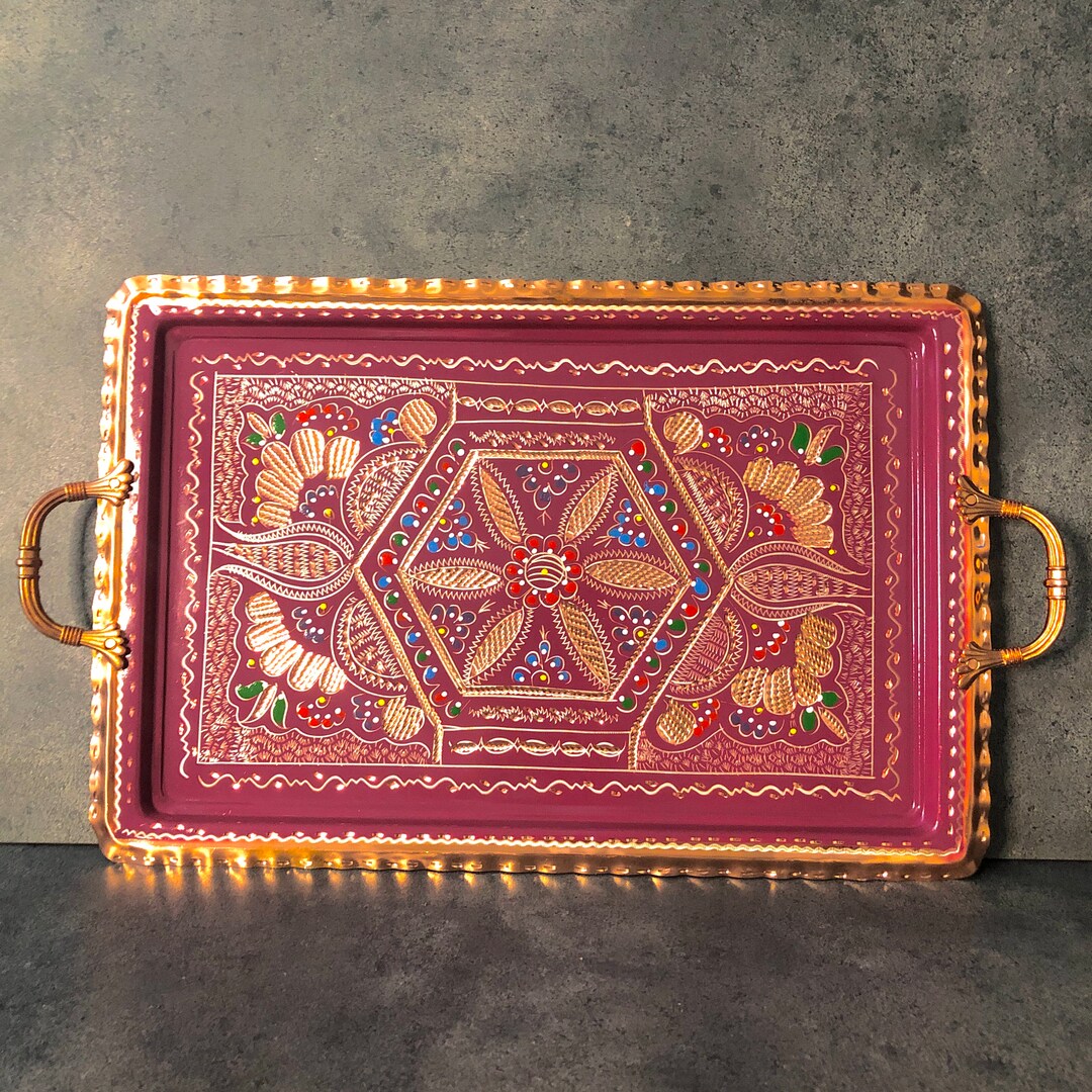 Copper Ottoman Large Tray, Copper Serving Tray With Handles, Handmade Copper Tray, Decoration ...