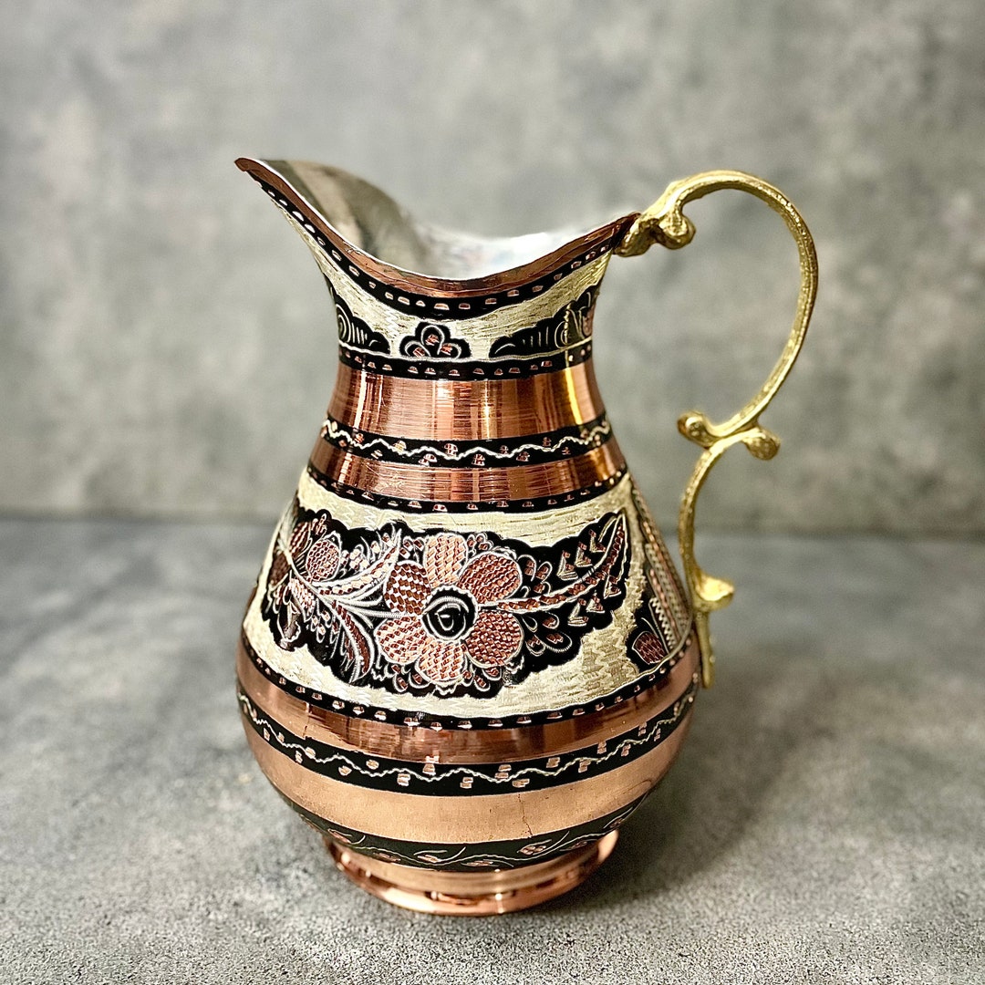 Engraved Copper Pitcher With 2 Liters, Turkish Copper Water Jug, Antique Copper Pitcher With Lid ...