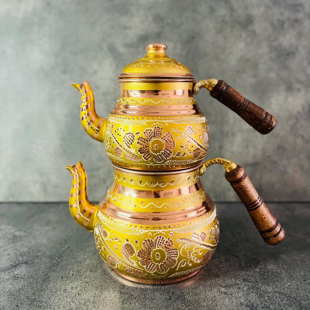 Turkish Copper Double Tea Kettle: Engraved Stovetop Teapot (96 Fl Oz ...