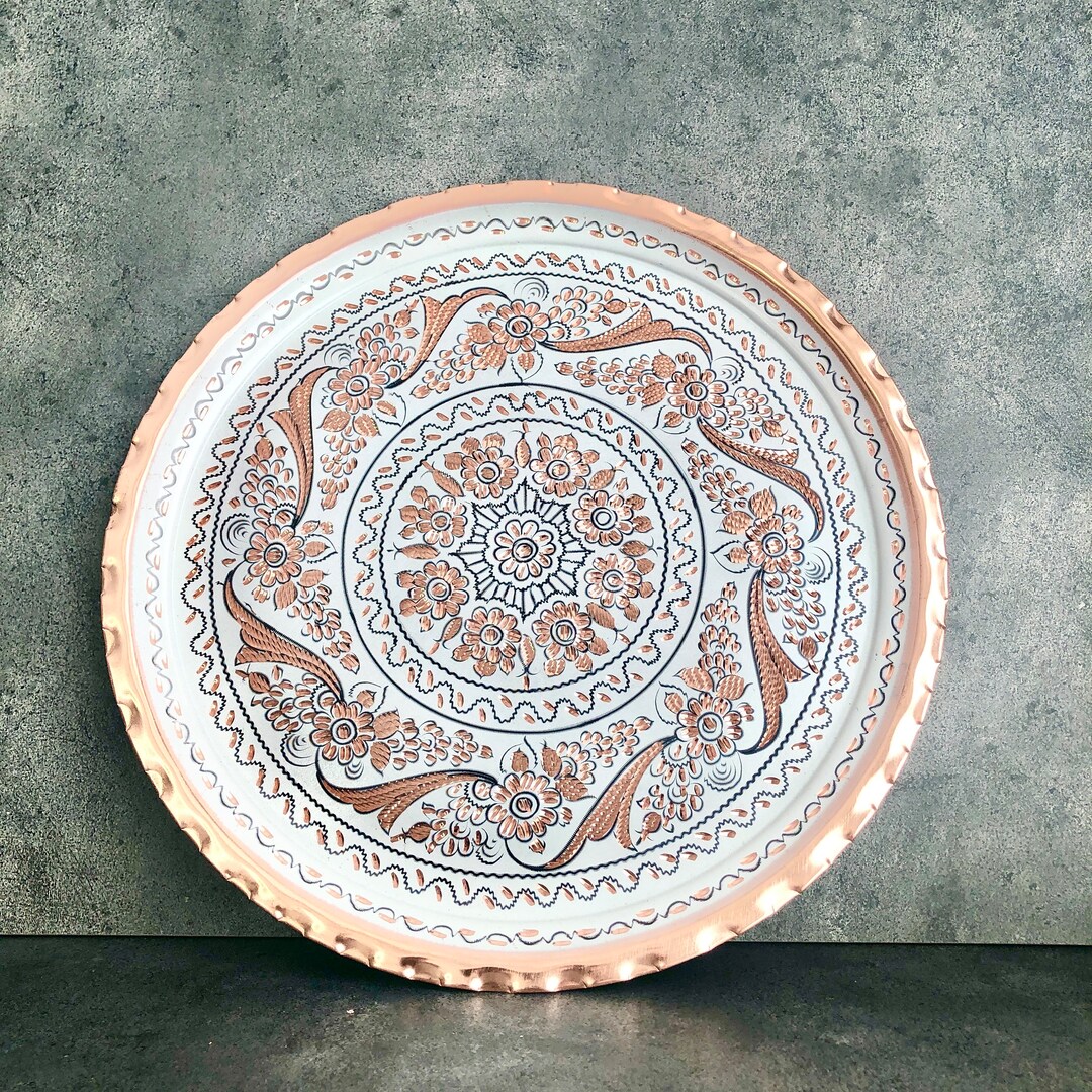 White Serving Tray, Round Serving Tray, Copper Serving Tray, Large ...
