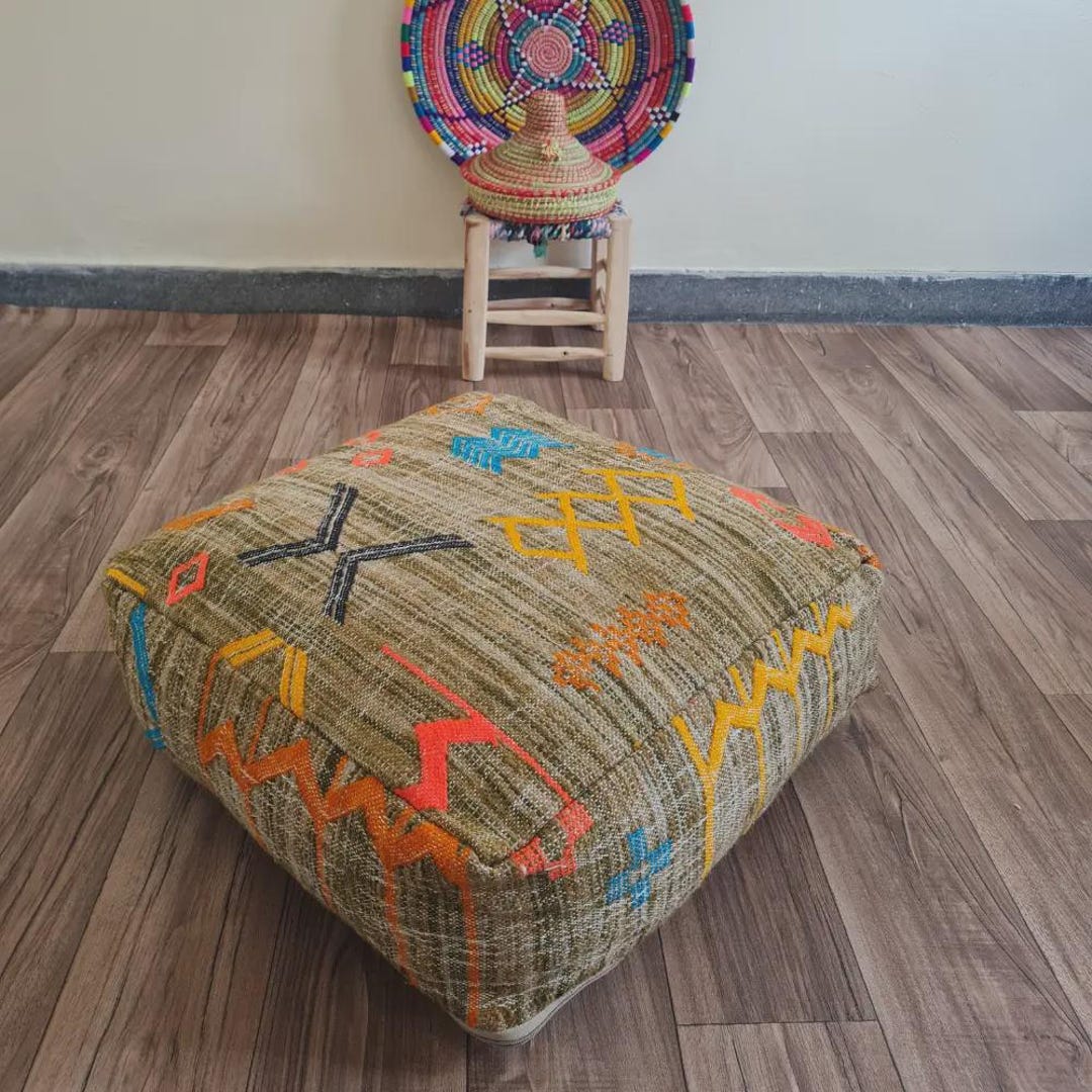 Handwoven Moroccan Pouf, Meditation Cushion Pouf Ottoman, Vintage Blue ...