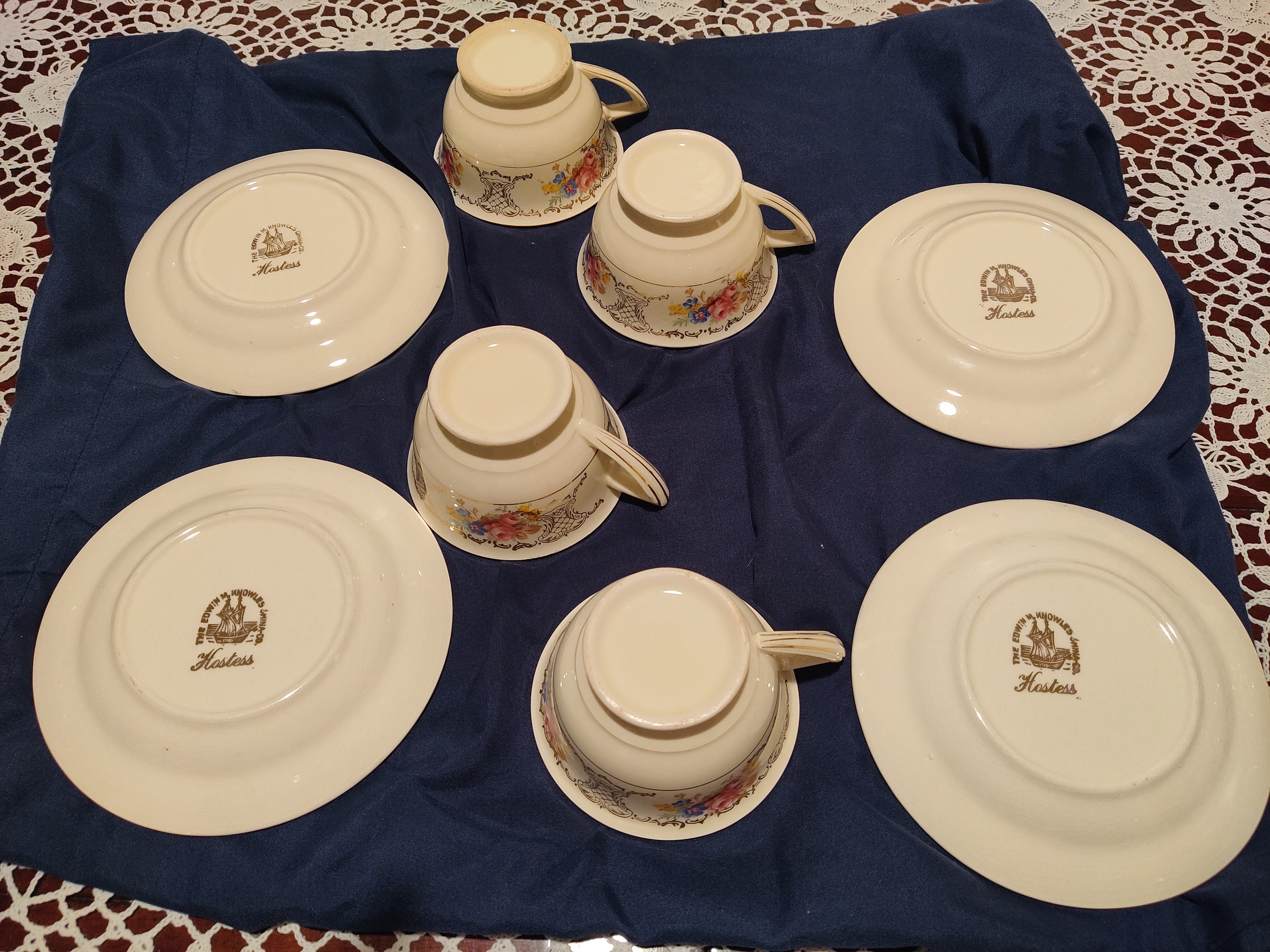 4 Vintage Edwin M Knowles China Co. Hostess Gold Trimmed and Flower Tea ...