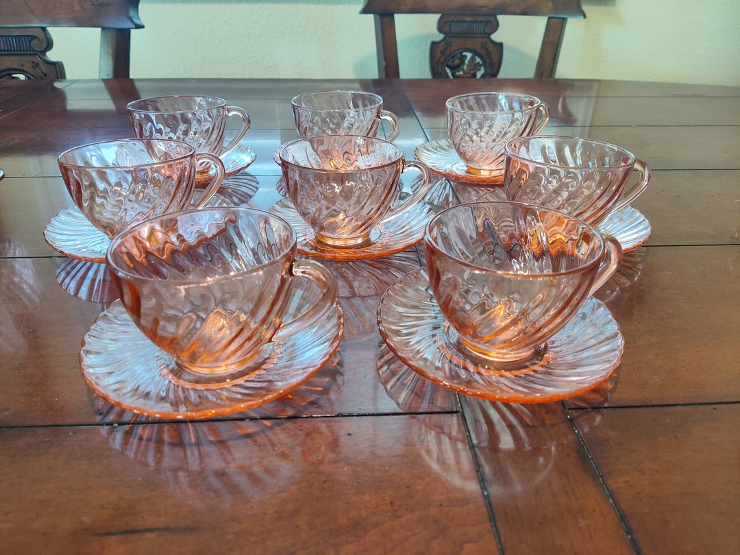 Set of 8 Arcoroc France Rosaline Pink Swirl Glass Coffee Tea Cups and ...