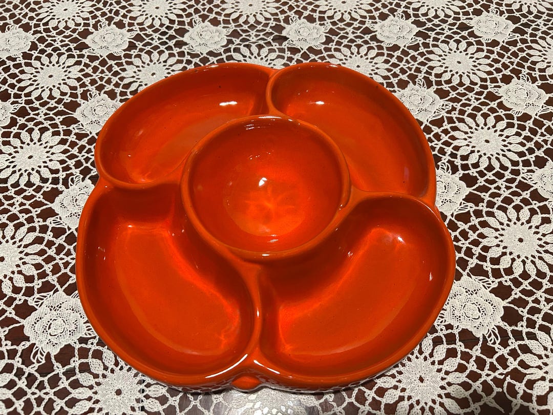 Vintage Frankoma Pottery Large Flame Red Orange Divided Serving Plateau ...