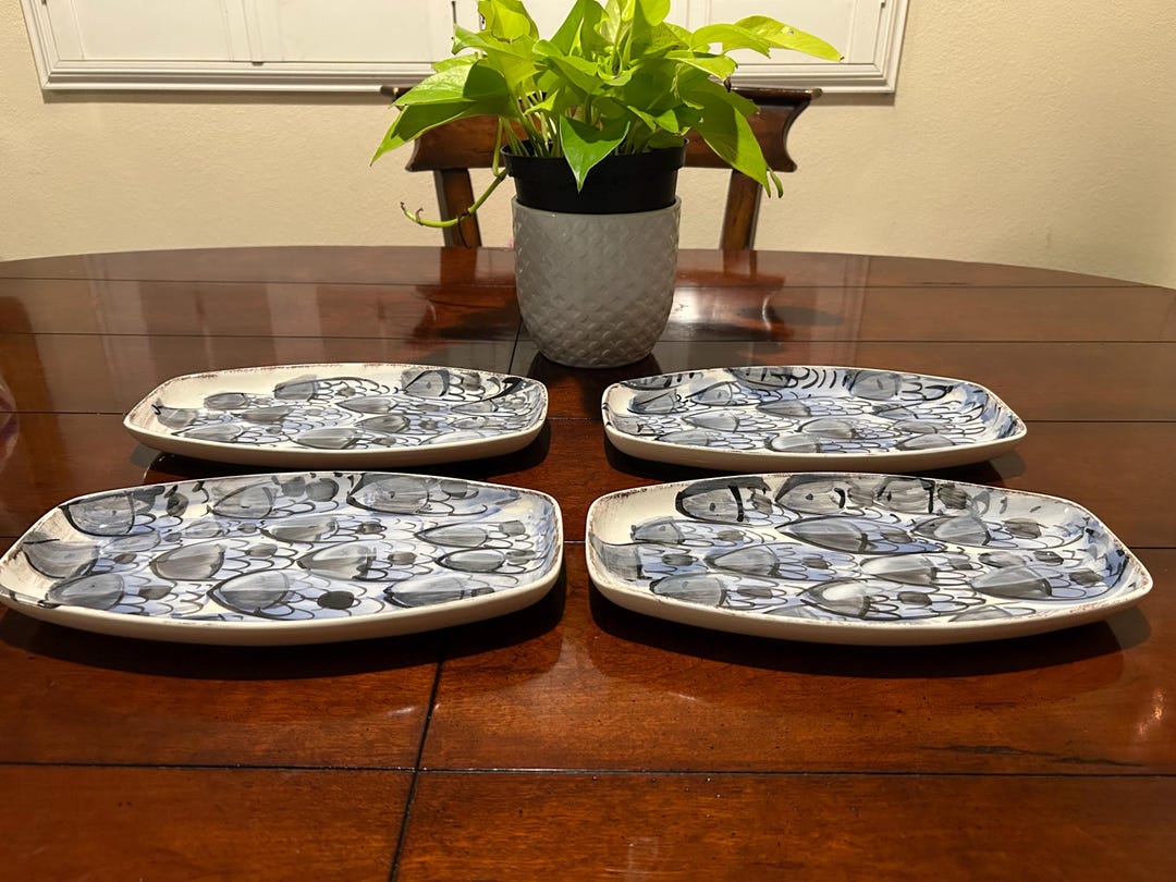 Set of 4 Vintage Italian Amora Hand Painted Blue and Black Fish ...