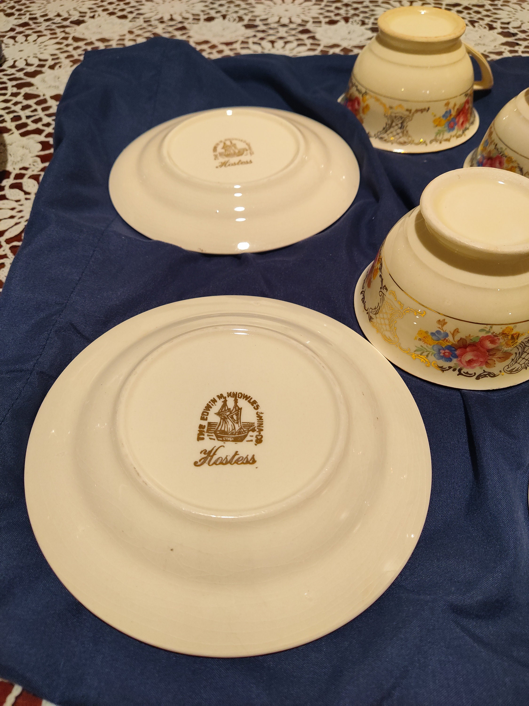 4 Vintage Edwin M Knowles China Co. Hostess Gold Trimmed and Flower Tea ...