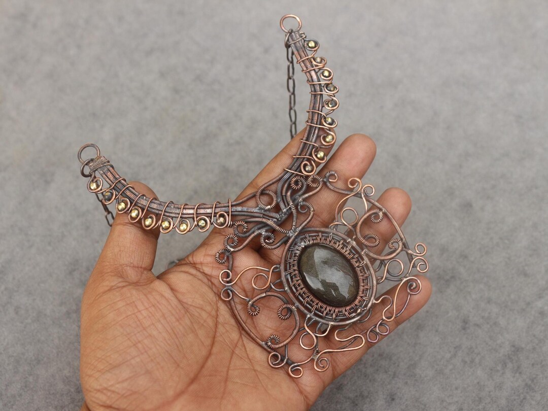 Golden Sheen Obsidian Copper Wire Wrap Necklace: Boho Gemstone Jewelry ...