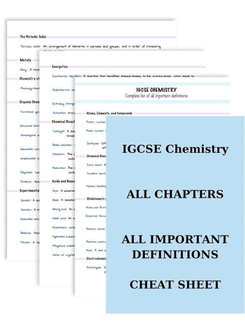 IGCSE Chemistry Complete Definitions Cheat Sheet With Practice Sheets ...
