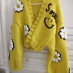 Handmade Yellow Chunky Knit Cardigan – Cropped With 3D Daisy Flowers - Etsy
