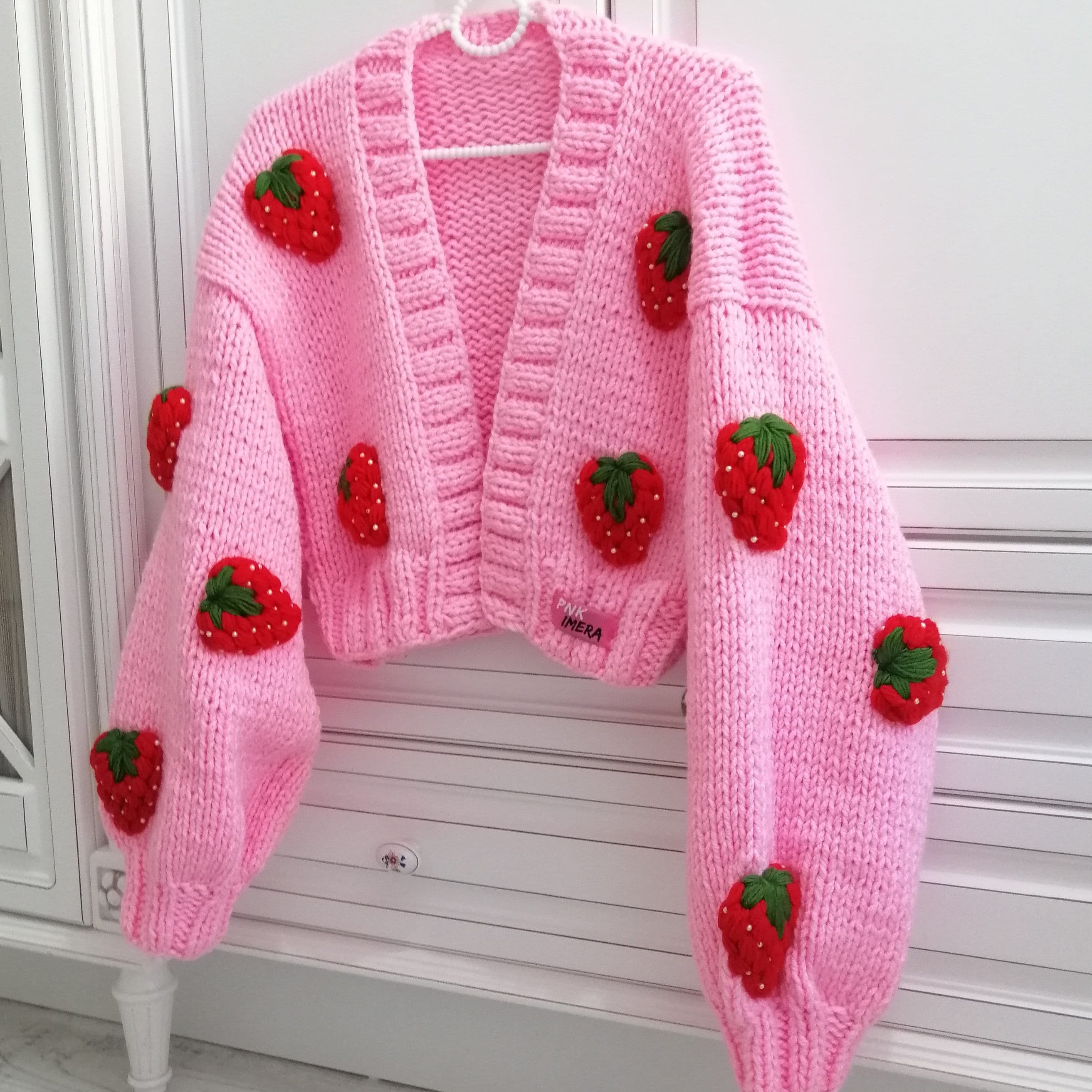 Pnkimera, Pink Strawberry Cardigan, Crop Chunky Sweater, Trendy Famous ...