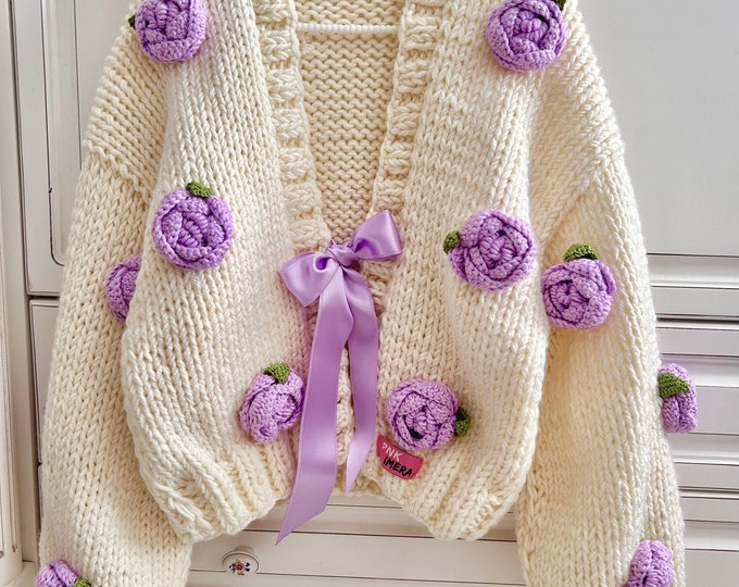 Pnkimera Lilac Roses Cardigan Chunky Cropped Cardigan for Women White ...