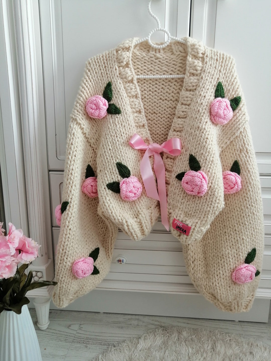 Pnkimera Pink Roses Cardigan Chunky Cropped Cardigan for Women White ...