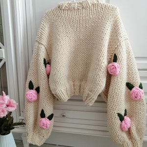 Pnkimera Pink Roses Cardigan Chunky Cropped Cardigan for Women White ...
