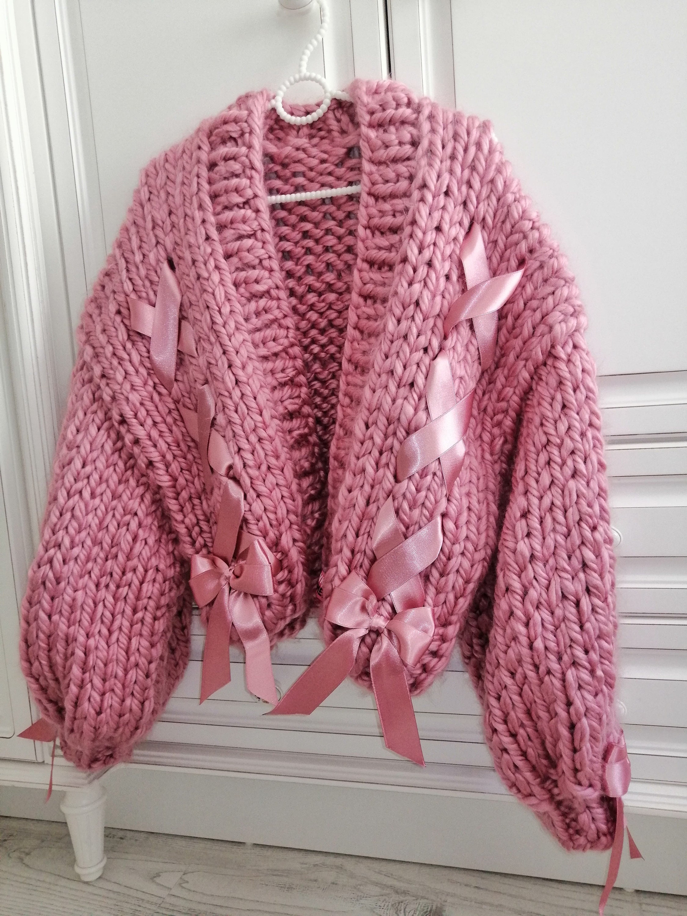 Pnkimera Pink Cardigan With Ribbon Pink Crop Cardigan Thick Knit ...