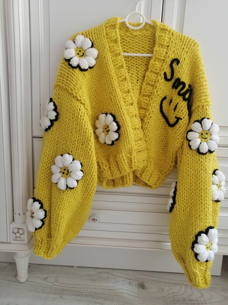 Handmade Yellow Chunky Knit Cardigan – Cropped With 3D Daisy Flowers - Etsy
