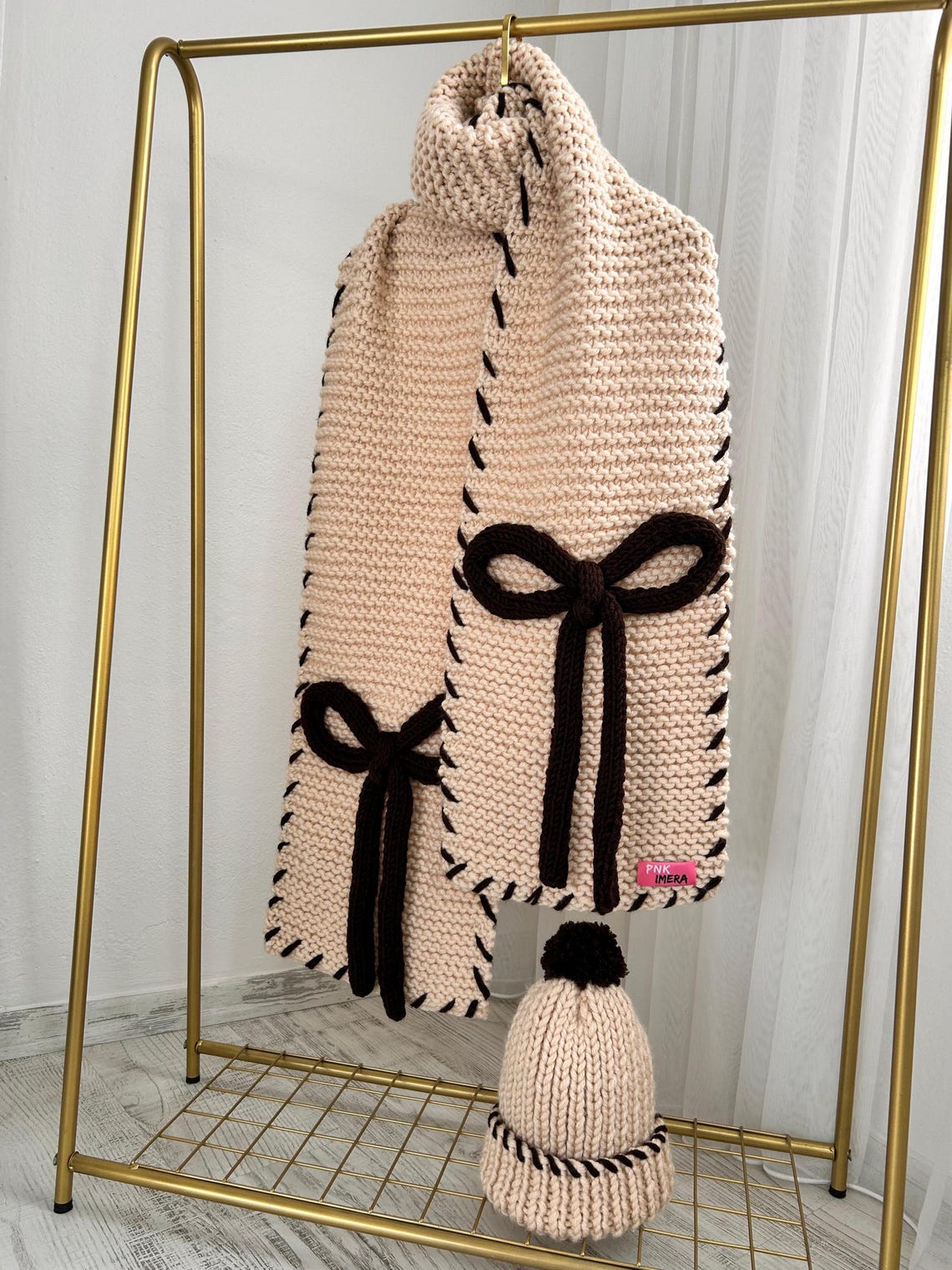 Beige Scarf & Hat Set With Brown Bow – Handmade Winter Gift - Etsy