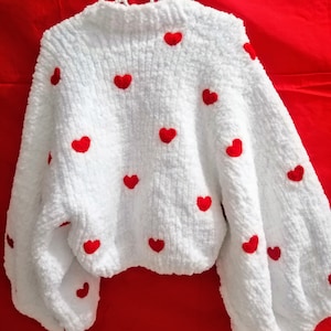 Handmade White Heart Knit Cardigan – Red Heart Crochet Sweater ...