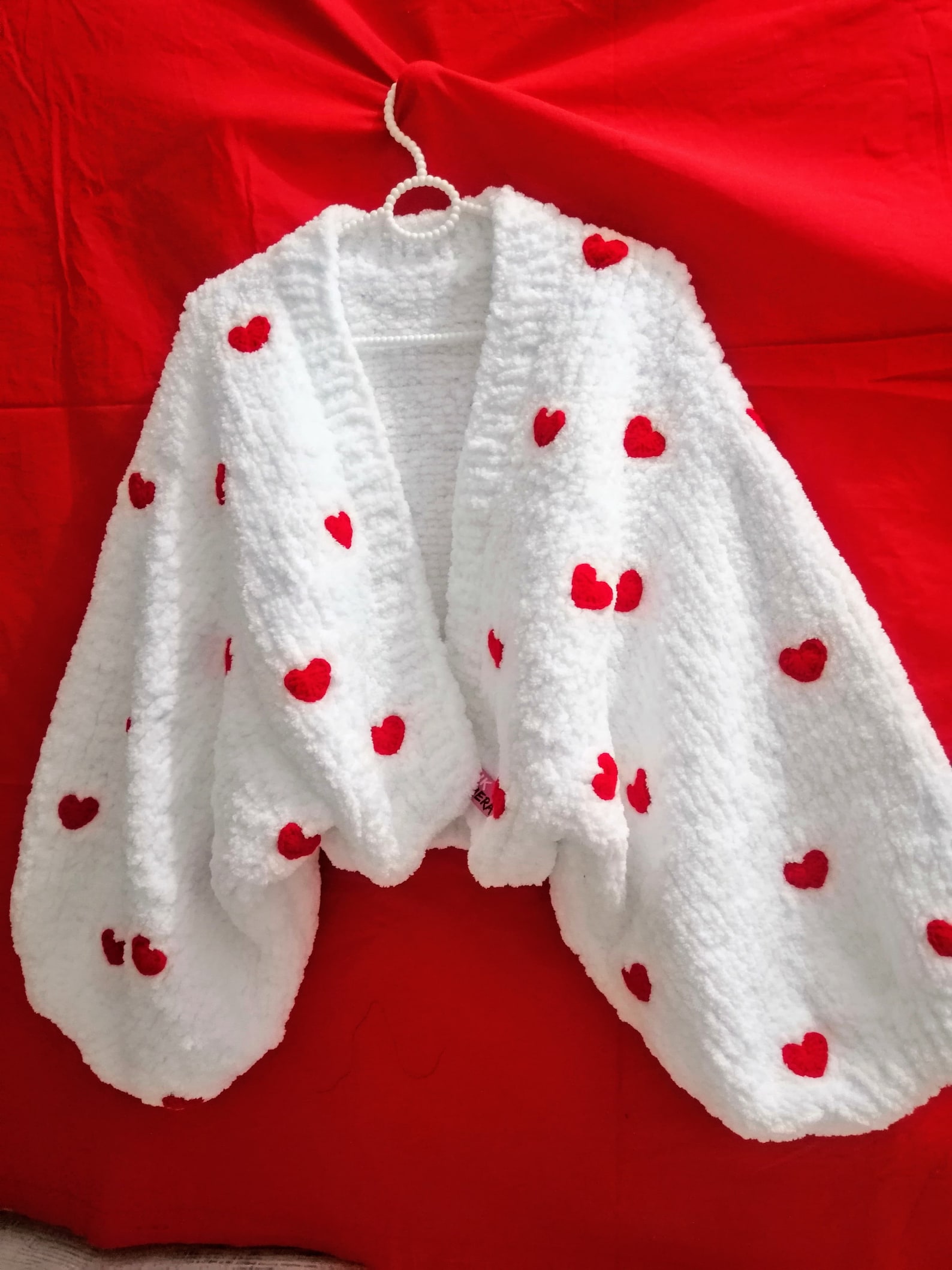Handmade White Heart Knit Cardigan – Red Heart Crochet Sweater ...