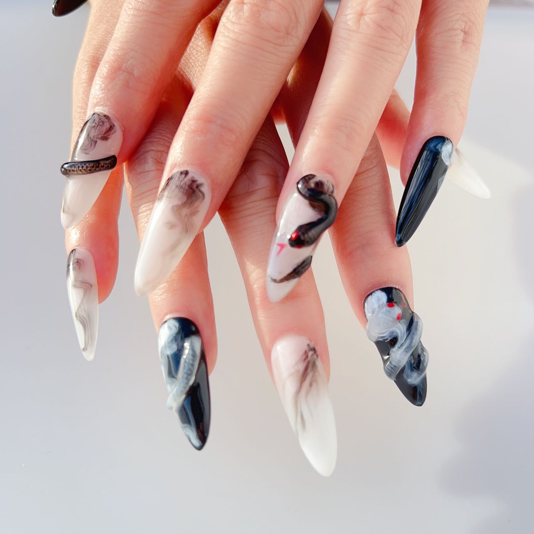 Black Mamba Nails/reusable Push Nails/press Nail Art/unique Long Coffin ...
