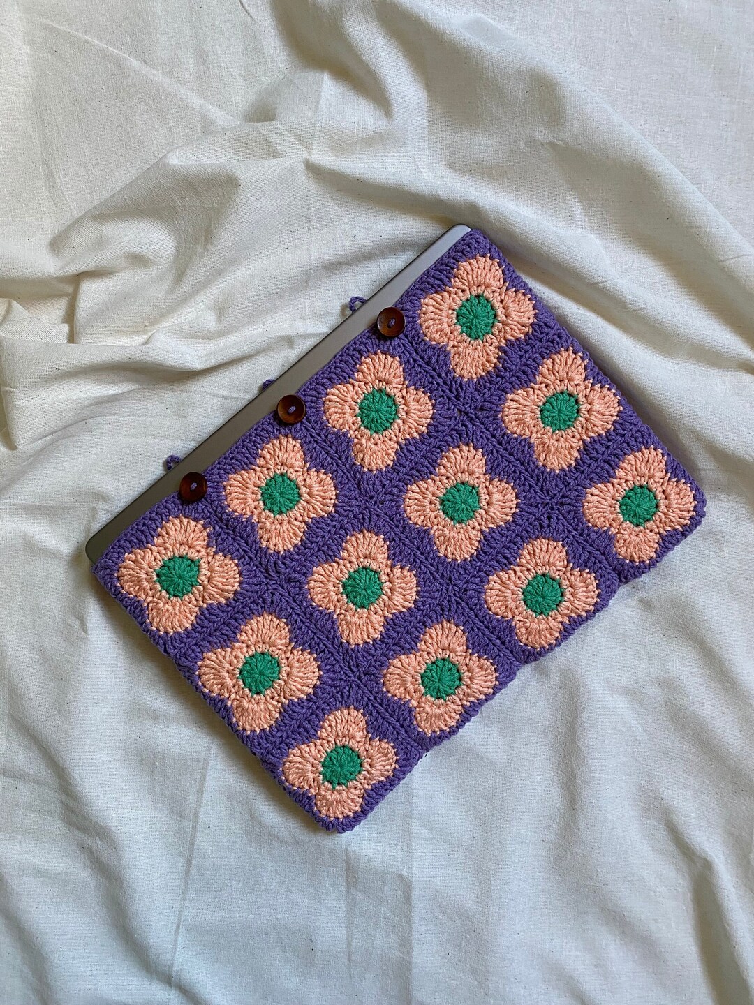 Handmade Crochet MacBook Case: Orange & Pink Flower Design - Etsy