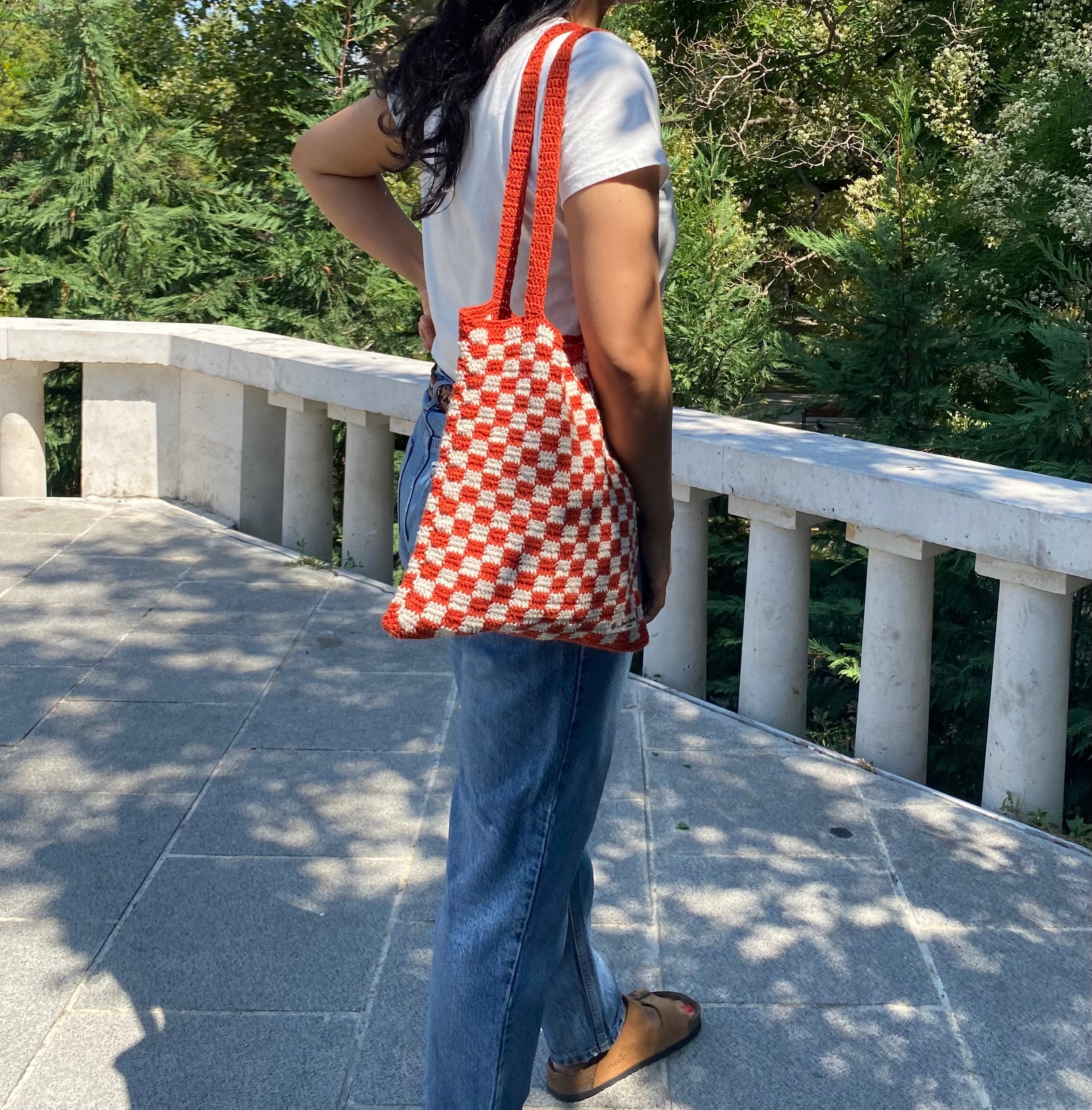 Crochet Checkered Bag, Crochet Checker Tote Bag, Beige Checkered Bag - Etsy