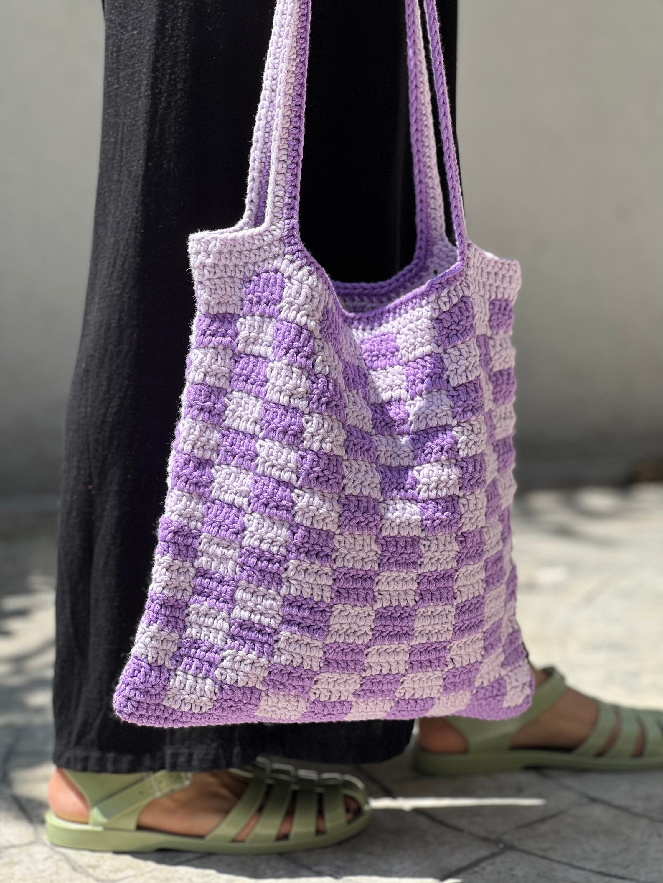 Handmade Checkered Crochet Bag, Lilac and Purple Checkered Handmade Checkered Crochet Bag, Lilac and Purple Checkered