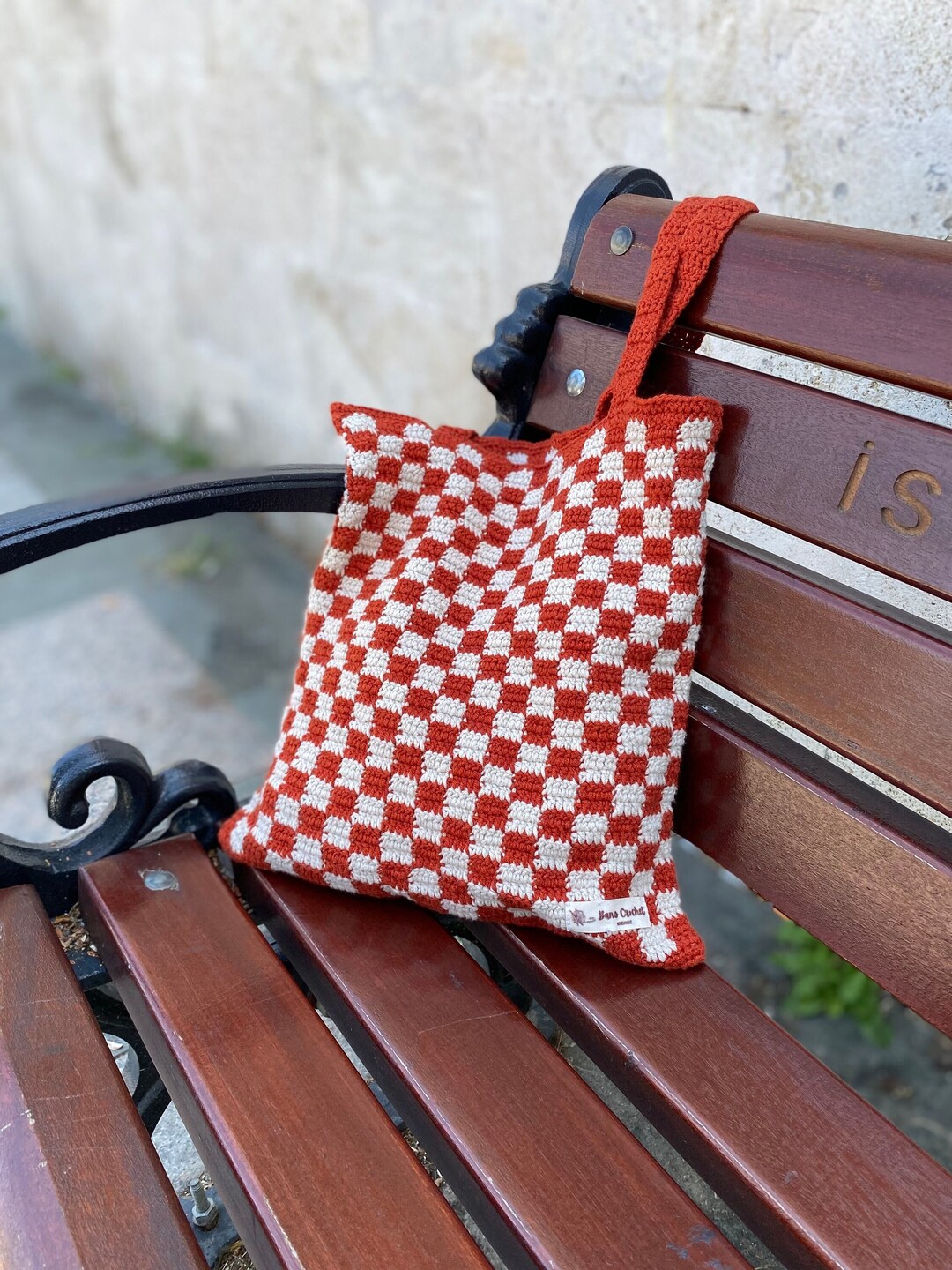 Crochet Checkered Bag, Crochet Checker Tote Bag, Beige Checkered Bag ...