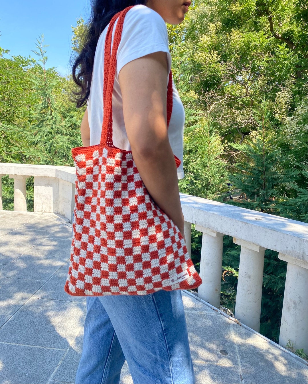 Crochet Checkered Bag, Crochet Checker Tote Bag, Beige Checkered Bag - Etsy