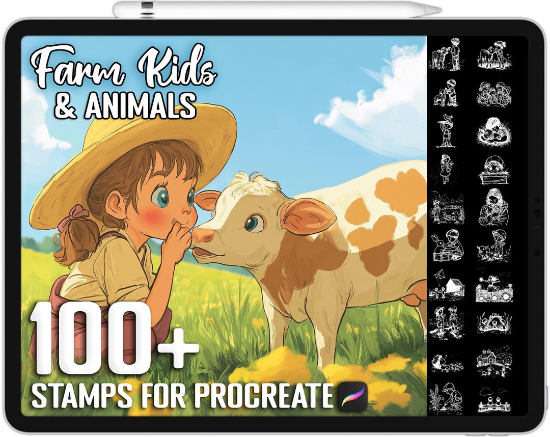 100+ Procreate Farm Kids & Animals Scene Stamps, Realistic Brushes for ...