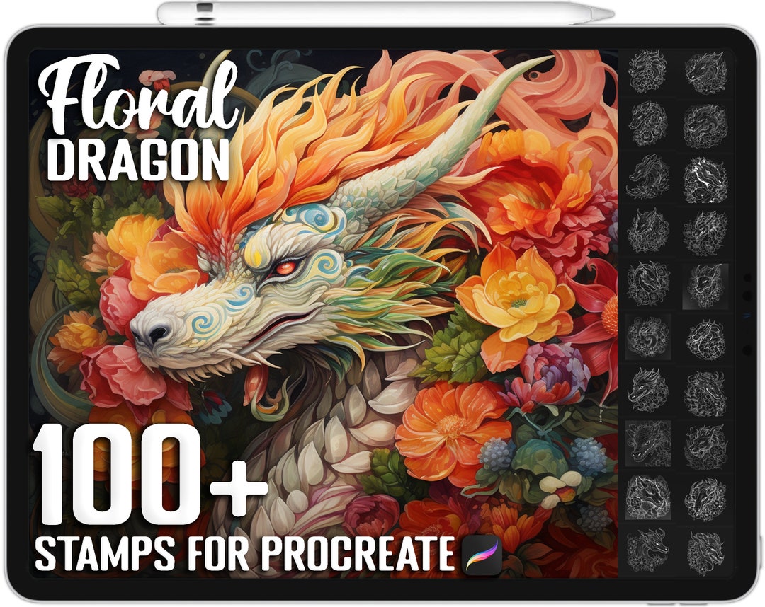 100+ Procreate Floral Dragon Stamps, Unique Realistic Floral Dragon ...
