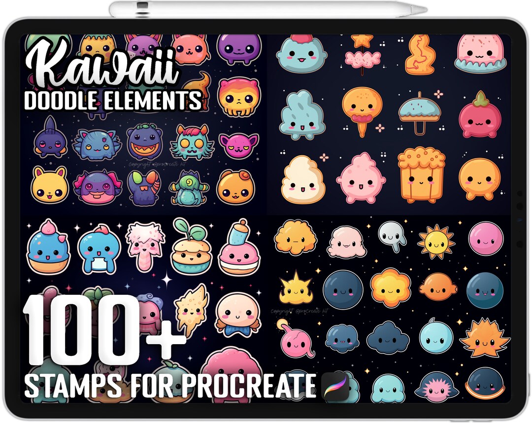 100+ Procreate Kawaii Doodle Elements Stamps, Unique Realistic Kawaii Doodle Elements Brushes ...