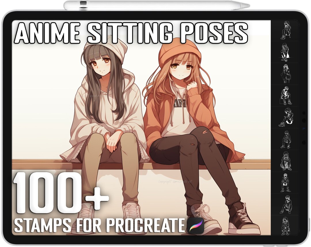 100 Procreate Anime Sitting Pose Stamps, Sitting Pose Guide Brushes for ...