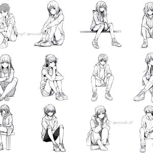 100+ Procreate Anime Sitting Pose Stamps, Sitting Pose Guide Brushes ...