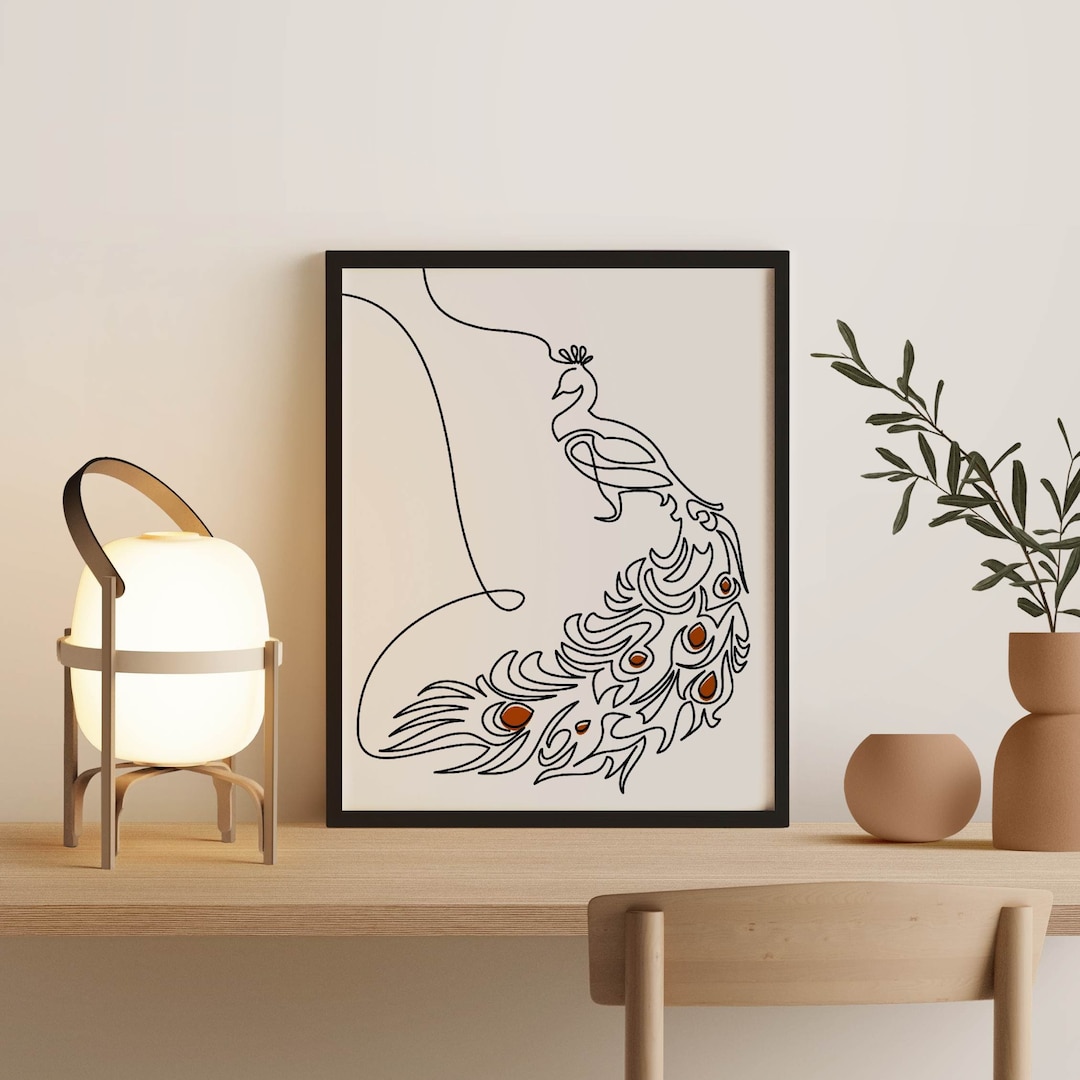 Modern Peacock Art - Minimalist Line Art With Warm Terracotta Dots - Etsy