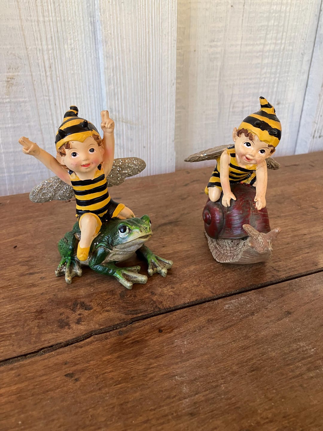 Pair of Bumblebee Fairy Children on Frog and Snail. Made of Resin. - Etsy