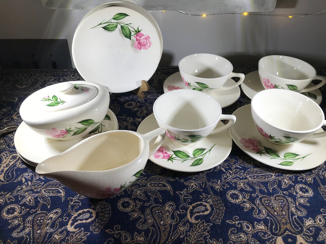 Vintage Knowles Rose Ceramic Tea Set: Creamer, Sugar, Teacups, Saucers ...
