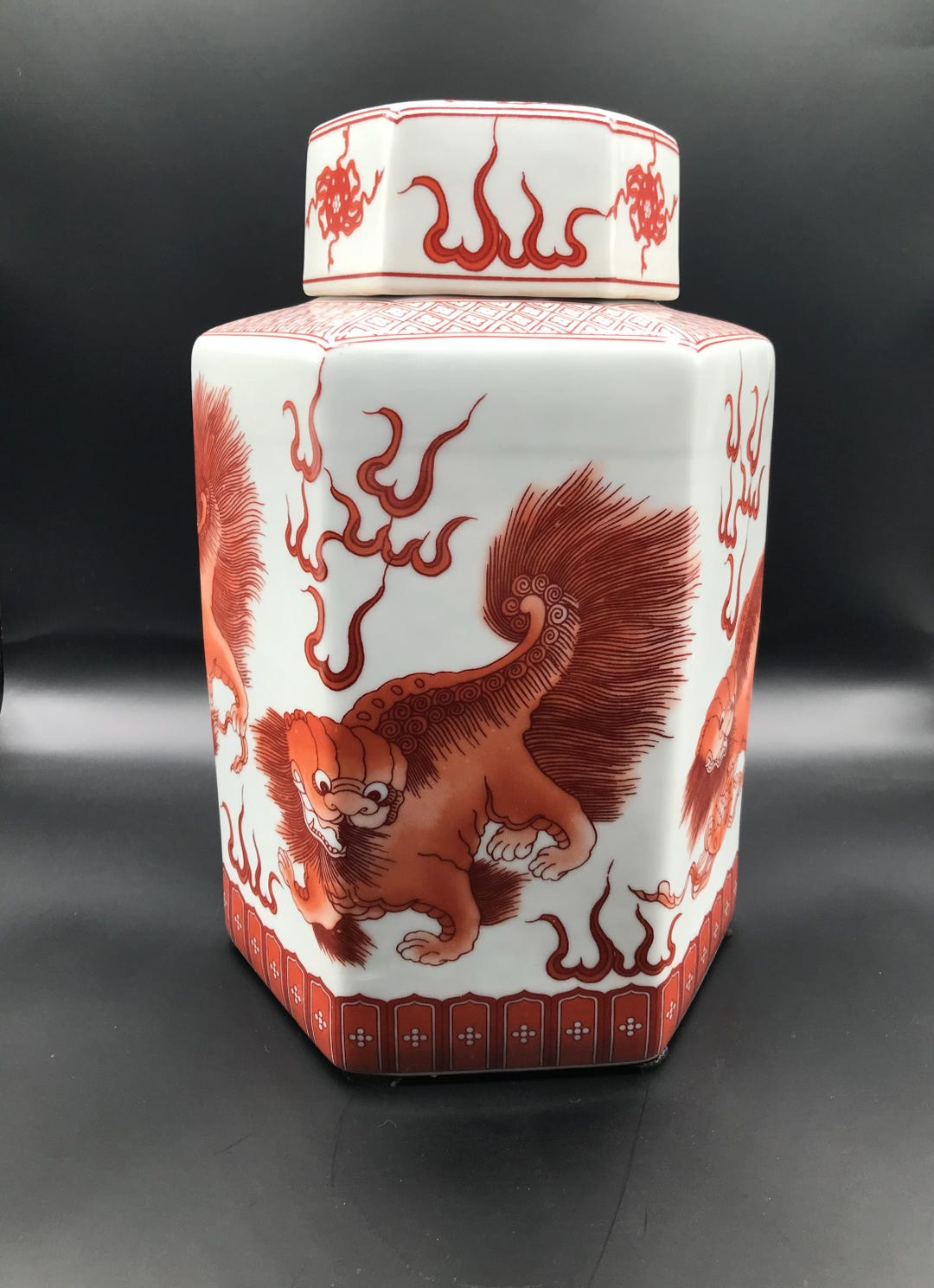 Chinese Tea Jar Canister Caddy Fo Dog in Iron Red Hexagon Shaped Large ...