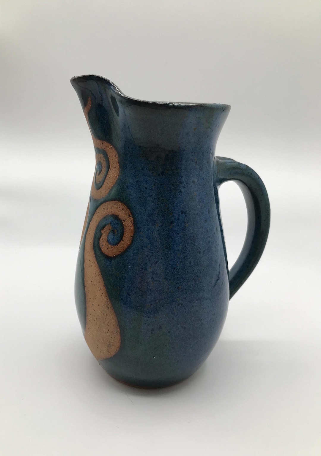 Handmade Pottery Pitcher Signed With Blue Glaze and Unique Unglazed ...
