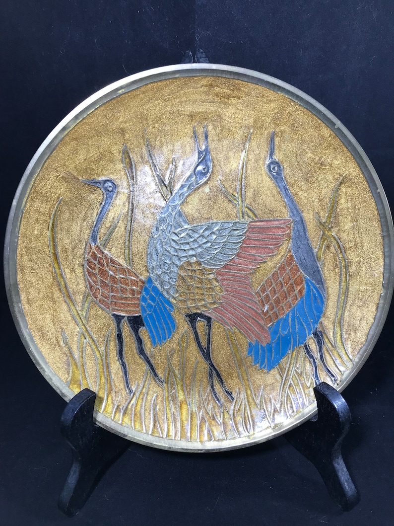Nora Fenton Design Brass Hand Painted Crane Plate - Etsy
